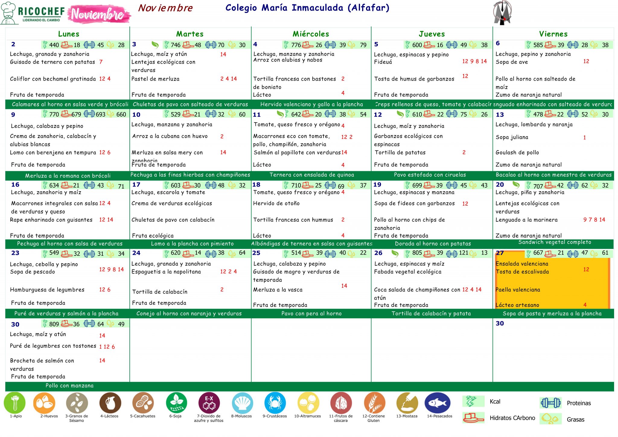 MENÚ COMEDOR NOVIEMBRE – Colegio María Inmaculada